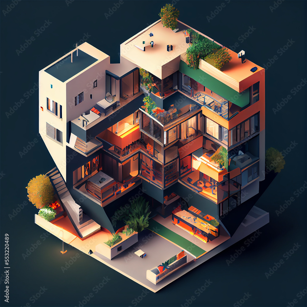 Infographic of an apartment building with exposed walls showing all ...