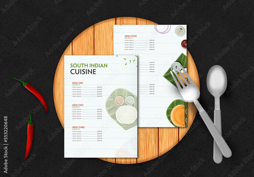 South indian cuisine brochure or template menu card with cutlery on ...