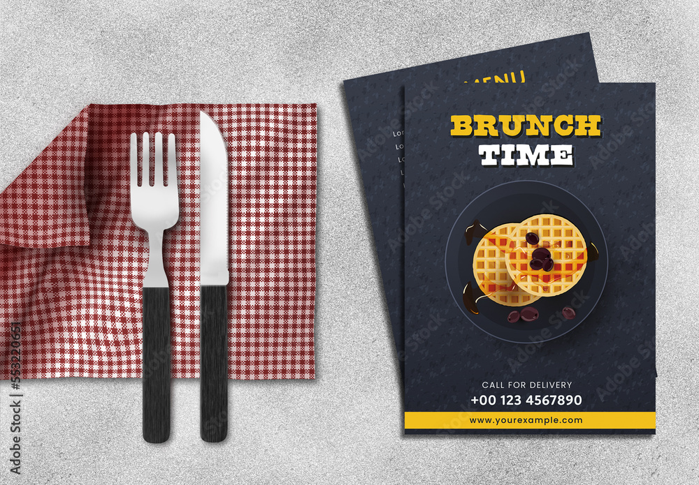 Brunch time menu card templates with top view of waffle, knife, fork ...
