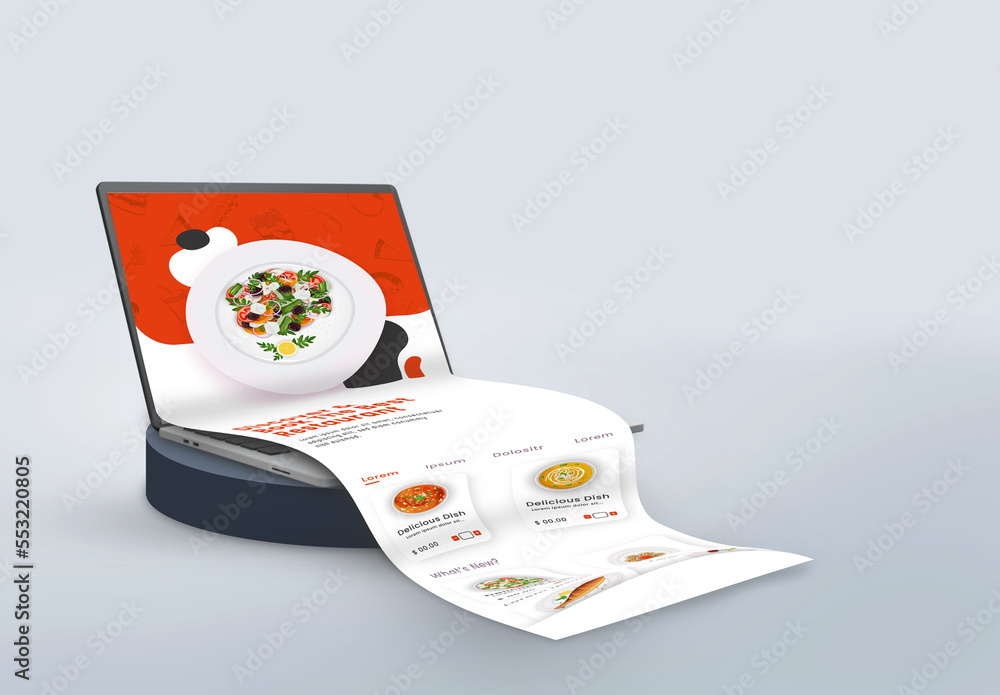 Realistic laptop on black podium with restaurant menu scrolling screen ...