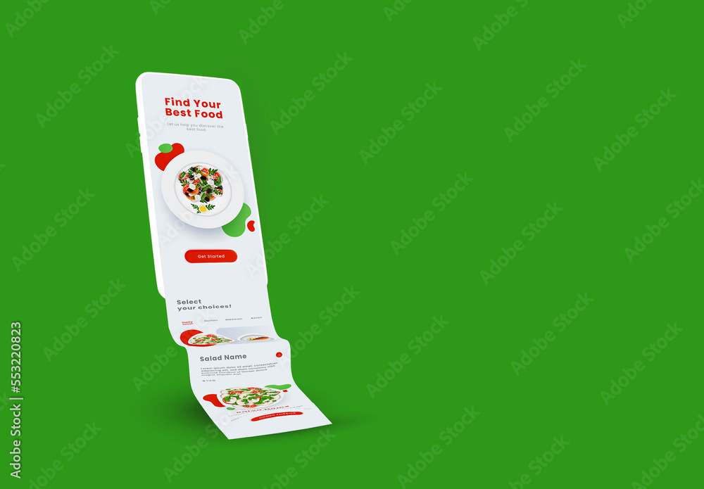 Mobile with food app long scroll screen on green background for ...