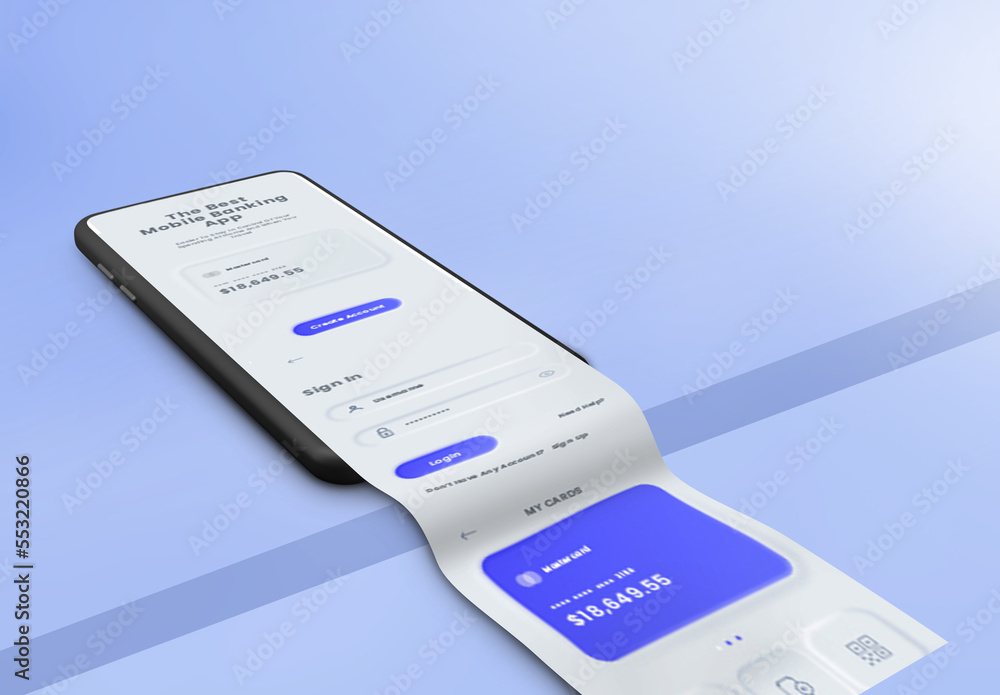 Mobile with banking app long scroll screen on blue background for ...