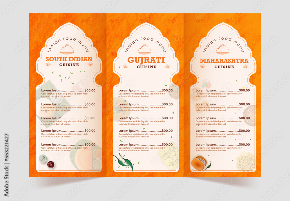 Indian states food restaurant menu template with food elements. Stock ...