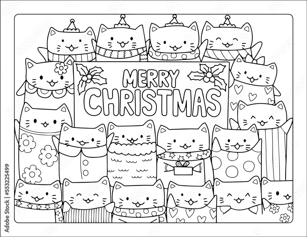 Cute cats Merry Christmas coloring page. Coloring pages for kids, party ...