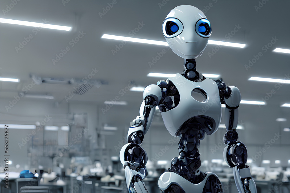 Ai humanoid robot inside a large manufacturing plant, a robot posing ...