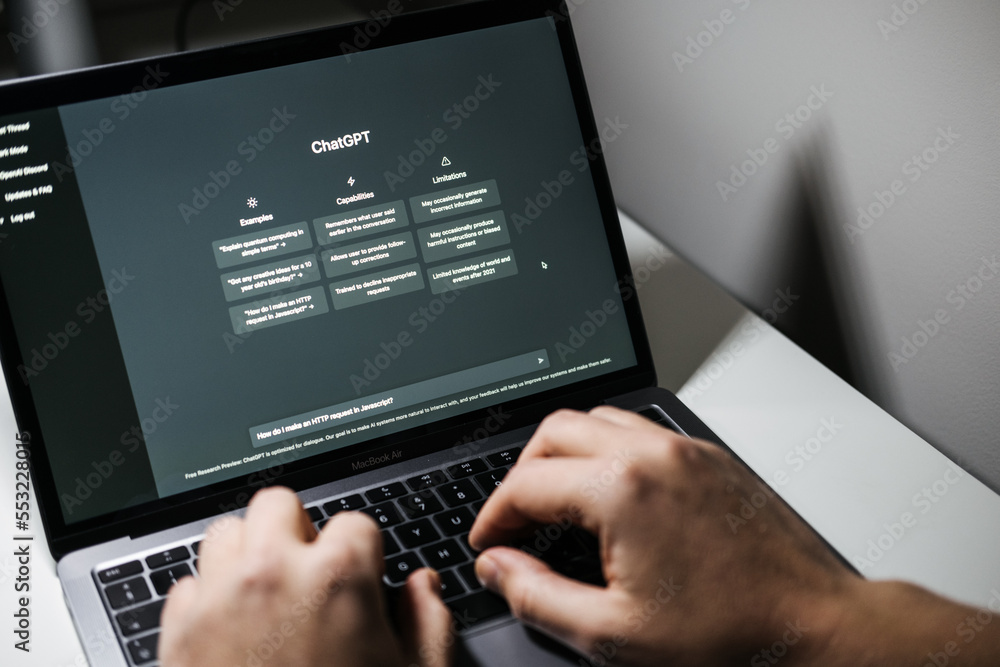 Screen with ChatGPT chat with AI or artificial intelligence. Man search ...