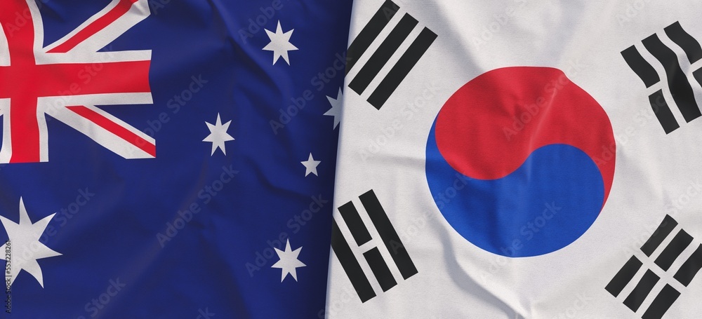 Flags of Australia and South Korea. Linen flag close-up. Flag made of ...