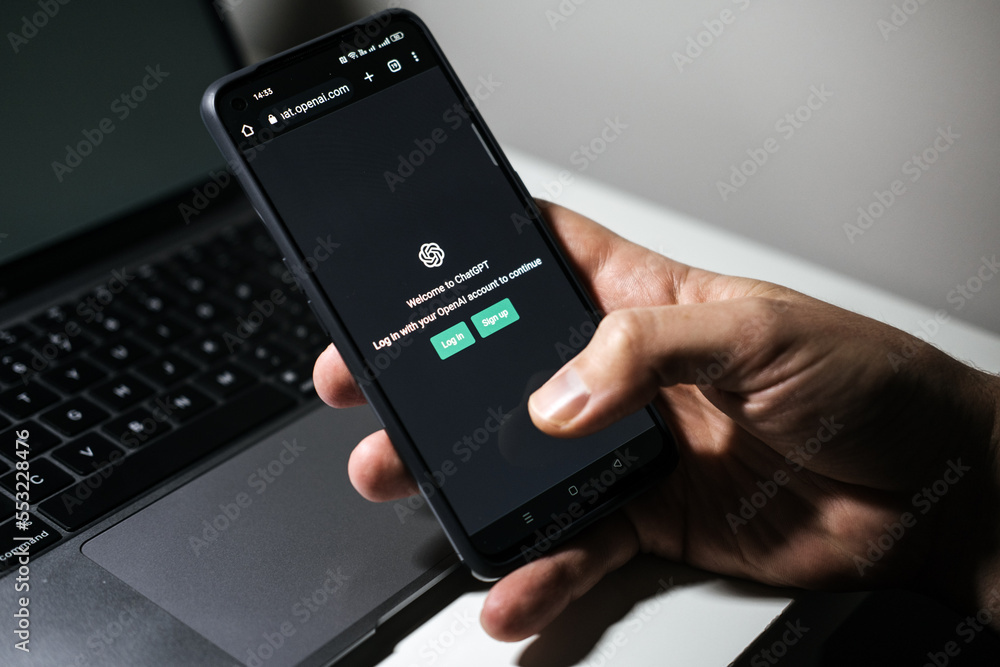 Screen with ChatGPT chat with AI or artificial intelligence. Man search ...