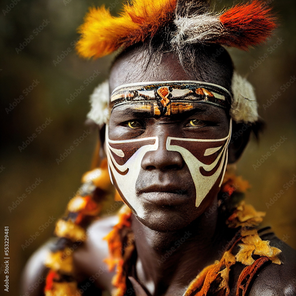 tribal face portrait with colored masks and traditional makeup ...