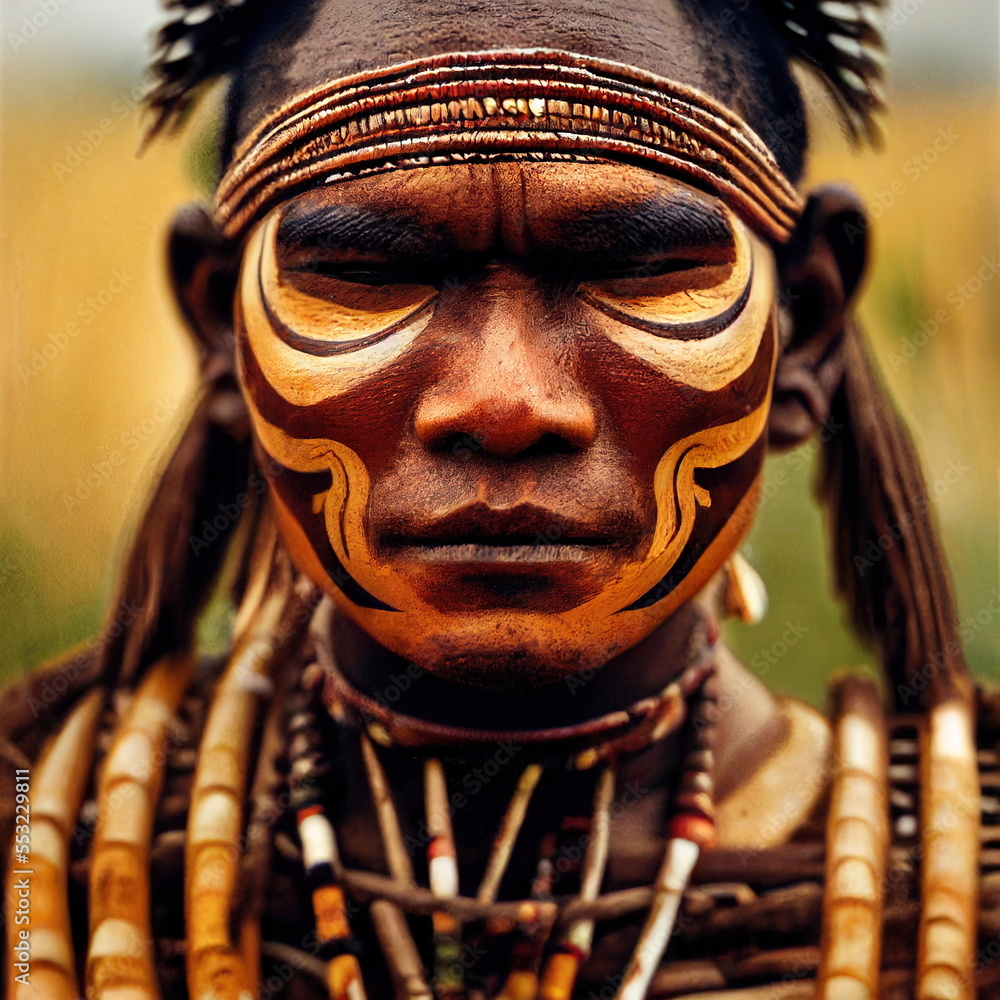 tribal face portrait with colored masks and traditional makeup ...