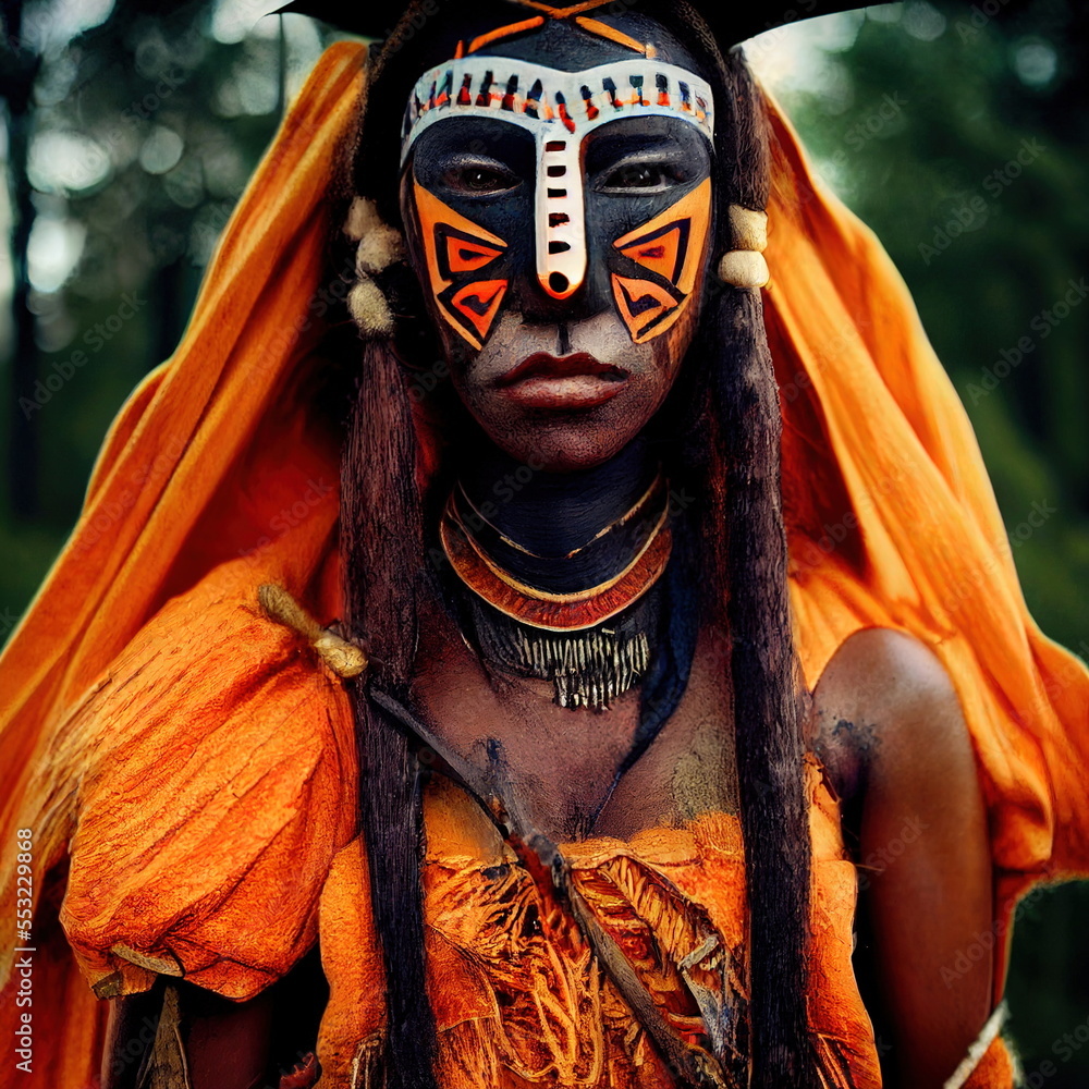 tribal face portrait with colored masks and traditional makeup ...