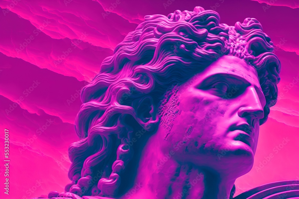 Apollo. Head of an antique sculpture in neon light. Valentine's day ...