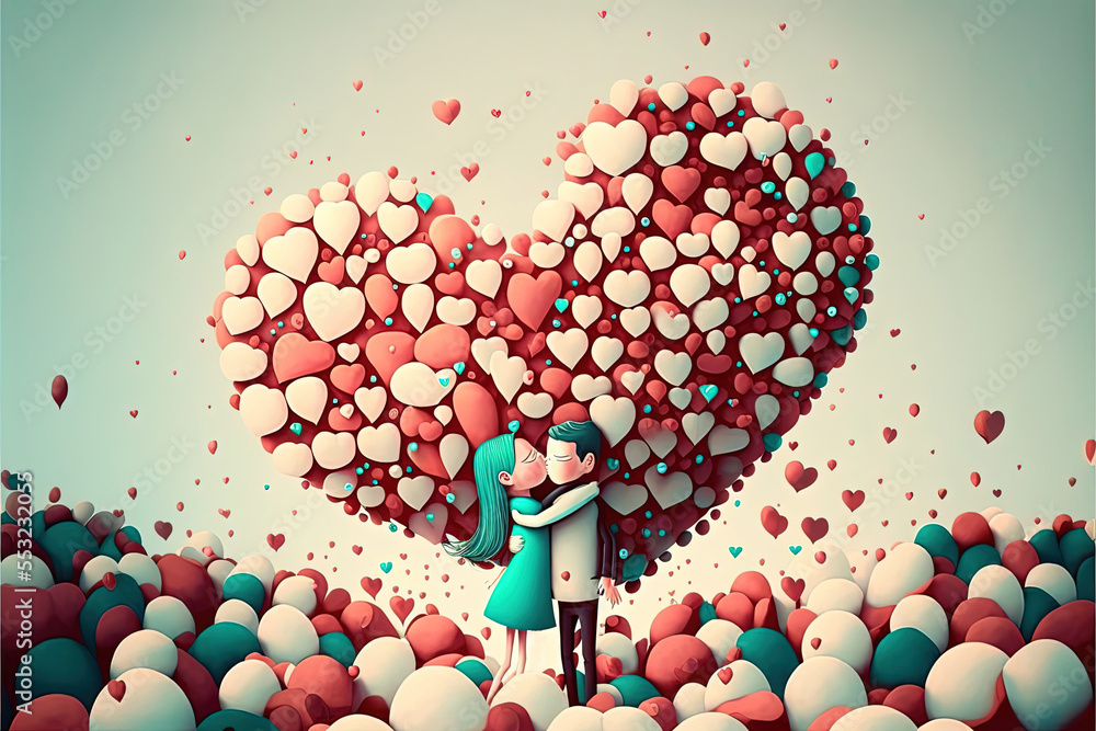 Cute couple in love on a big heart composed of small red and white hearts. Valentine´s or ...