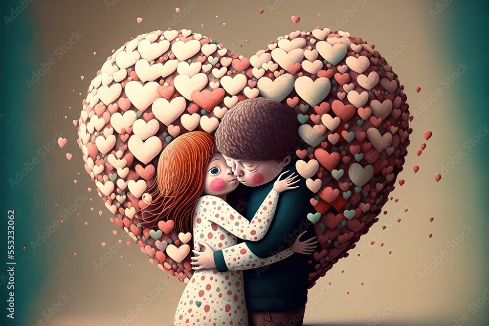 Cute couple in love on a big heart composed of small red and white hearts. Valentine´s or ...