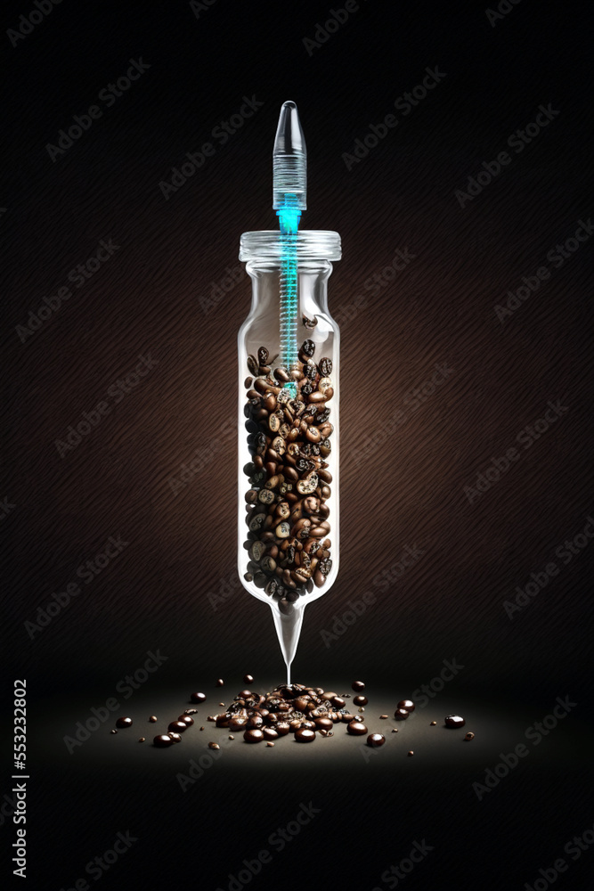 Coffee beans in a syringe. I need coffee - concept. Creative concept of ...