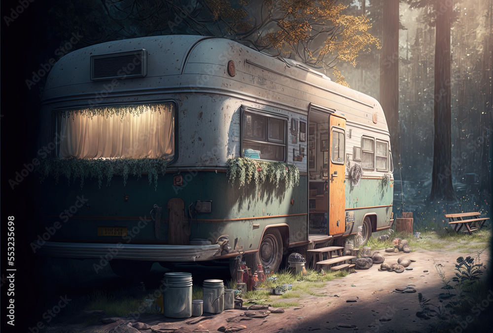 Abandoned camper, motorhome. post-apocalyptic desert landscape in the ...