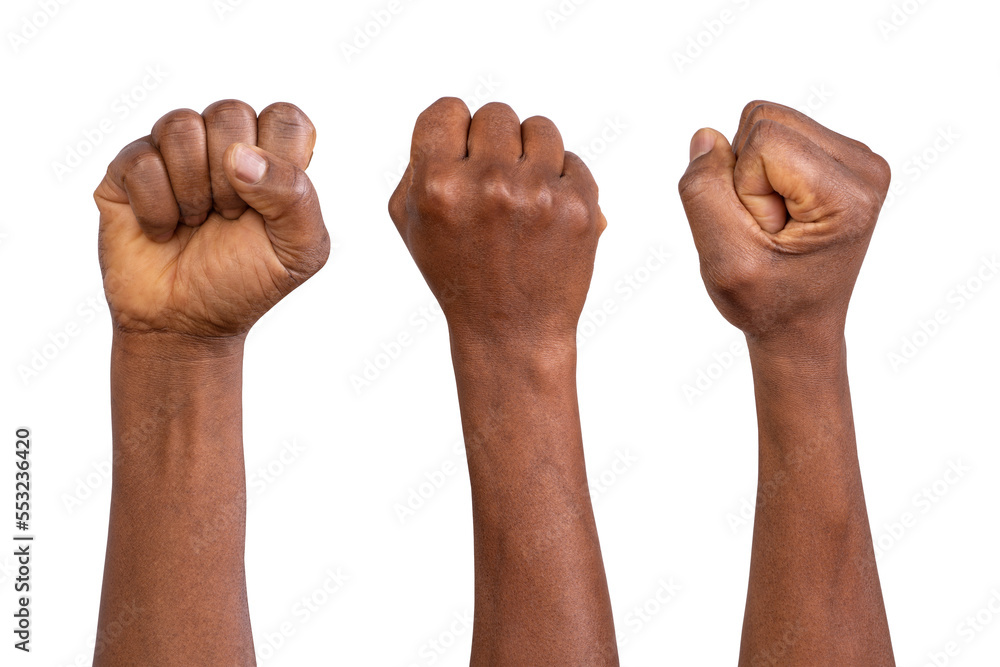 Holding fists up in the air isolated on white or transparent background Stock Photo | Adobe Stock