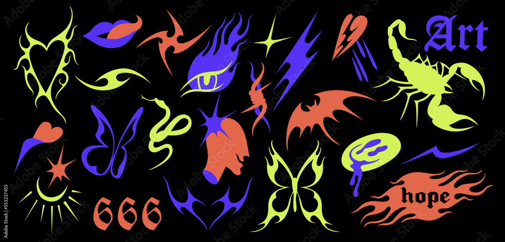 Vector set of Y2k icons or stickers. Brutalist design tattoo ...