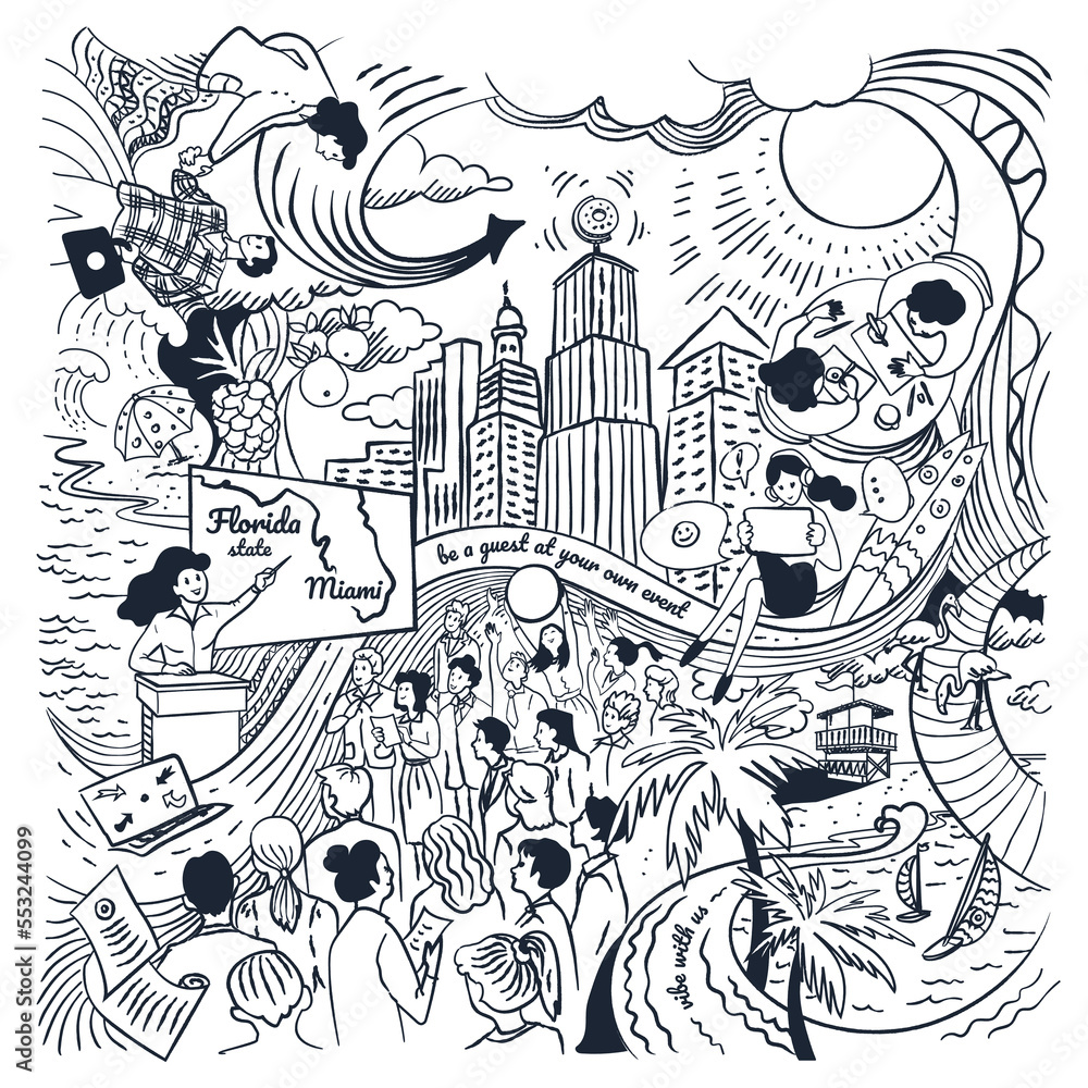 Vector black and white fun coloring page with business people in Miami ...