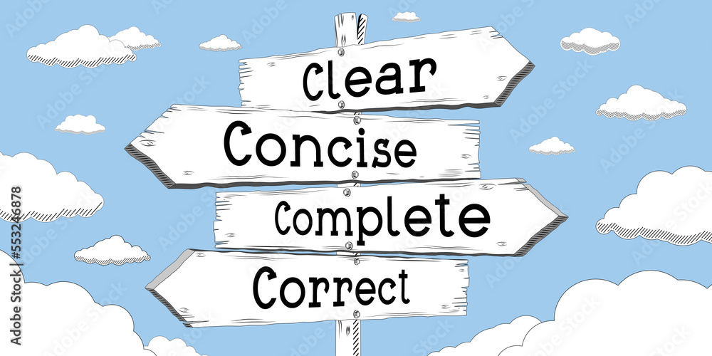 Clear, concise, complete, correct - outline signpost with four arrows ...