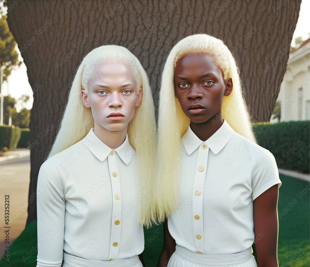 Generative ai albino and black twins posing outdoors city street ...
