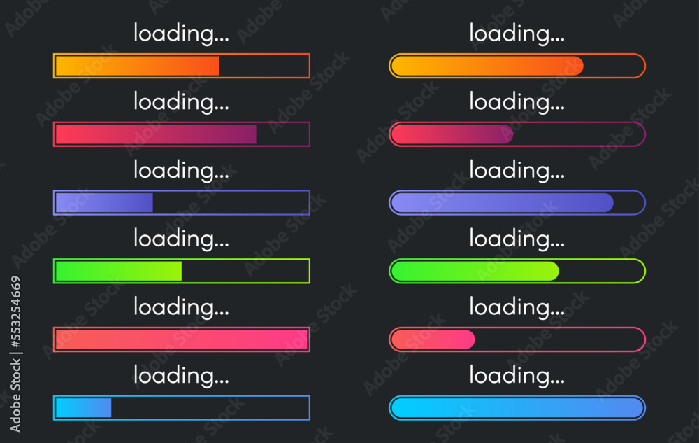 Loading bar set on dark background. Modern design element collection in ...