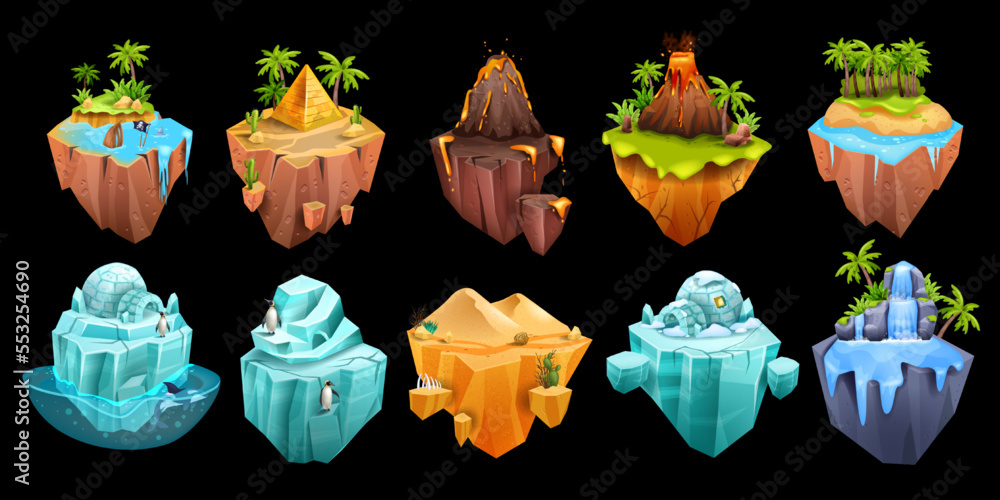 Game island, vector iceberg, volcano, isometric desert Egypt pyramid ...
