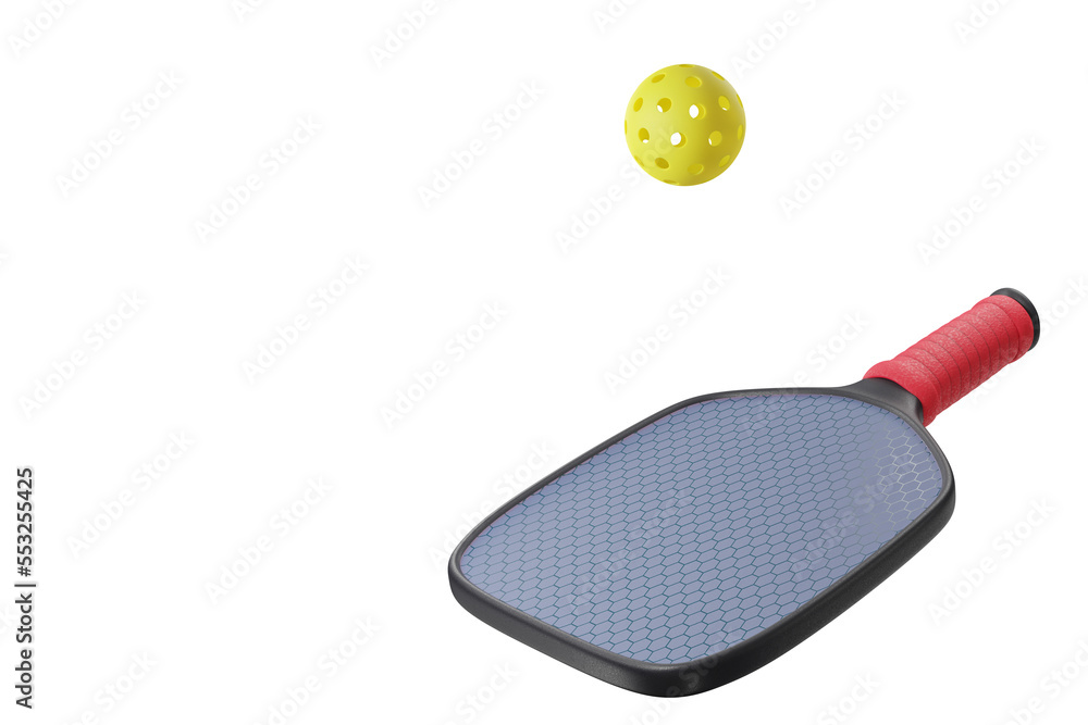 Racket paddle and ball with holes for pickleball on a transparent ...