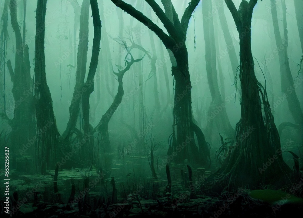 Creepy scarry forest of witch and heroic fantasy burton style old trees ...