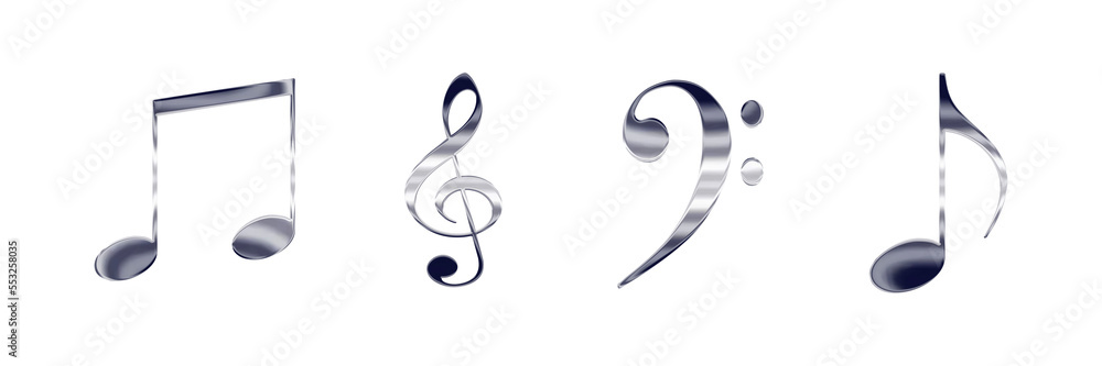 Set of music notes and symbols, 3D shiny silver metal icons isolated on ...