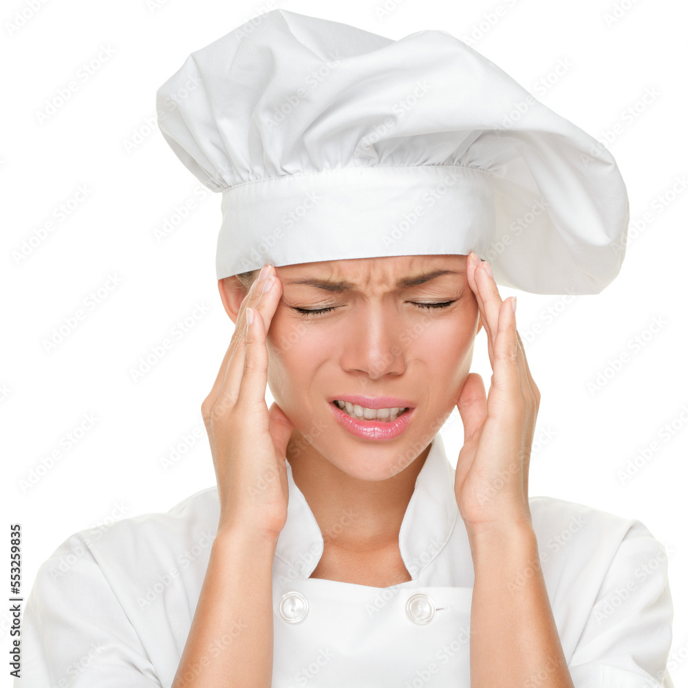 Chef headache and stress at work. Woman baker, chef or cook tired ...