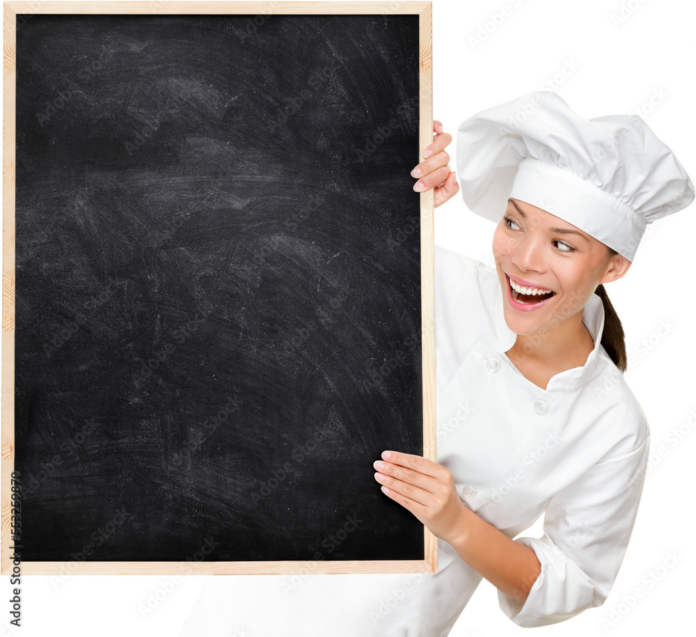 Chef showing blank menu sign blackboard. Woman Cook or baker looking ...