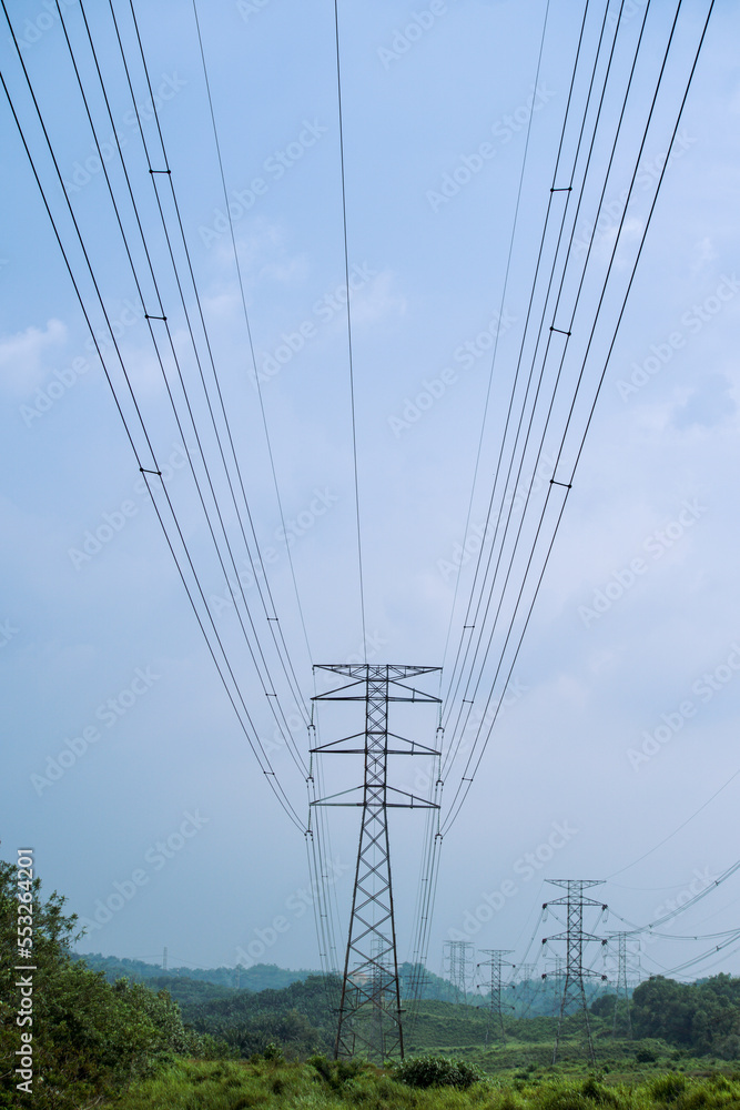 High voltage power tower industrial landscape at sunrise,urban power ...