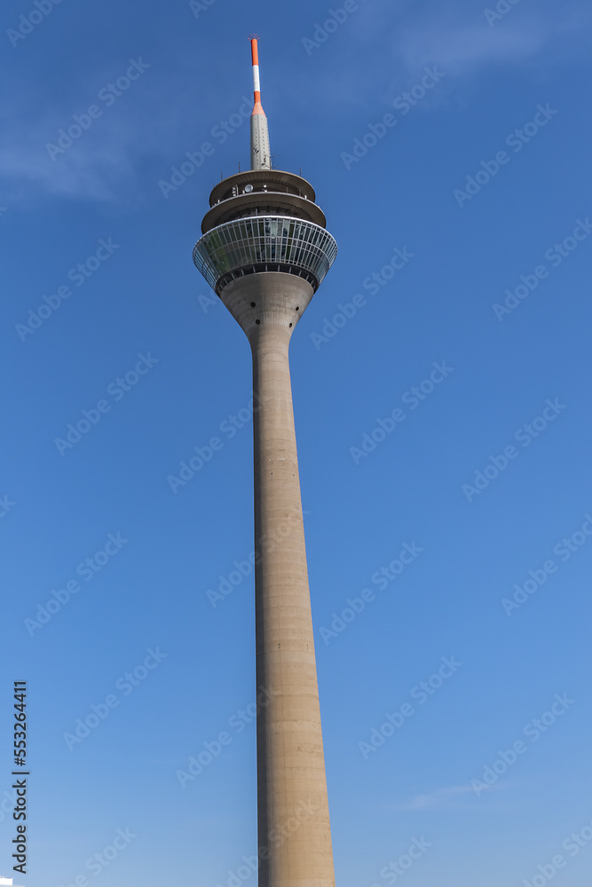 240m-tall Dusseldorf Rheinturm TV tower. Rhine tower (Rheinturm, built ...