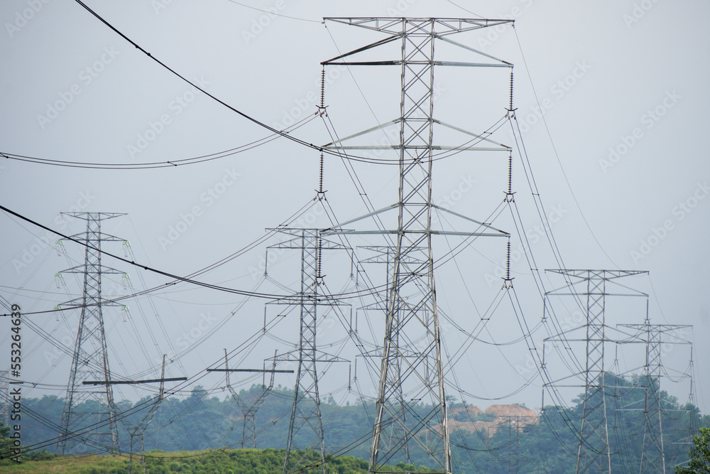 High voltage power tower industrial landscape at sunrise,urban power ...