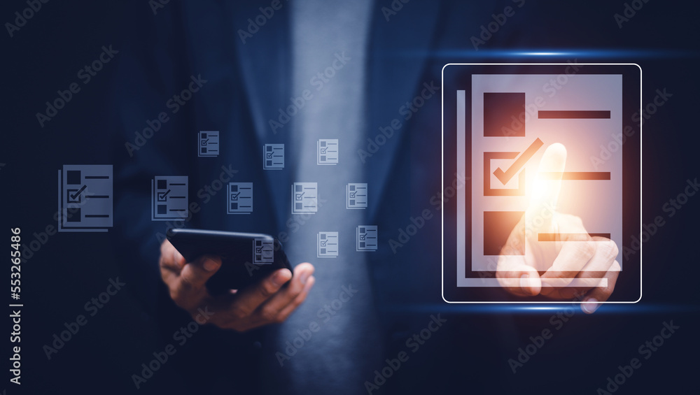 Documents management information system concept, Businessman using ...