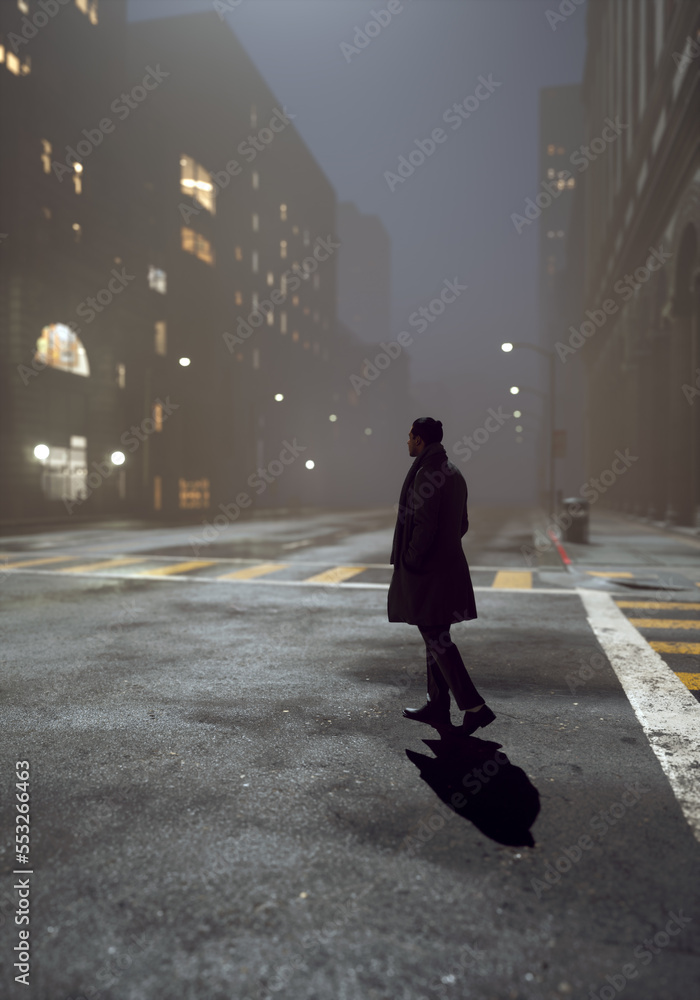 Lone man in long coat walks on empty street in misty city at night. 3D ...