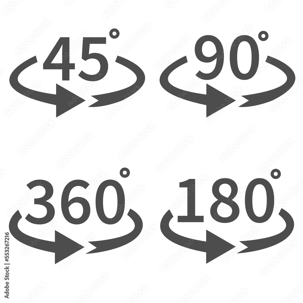 Vector arrow icon with 360, 180, 90 and 45 degrees.Round symbols with rotation angles. Icon for ...