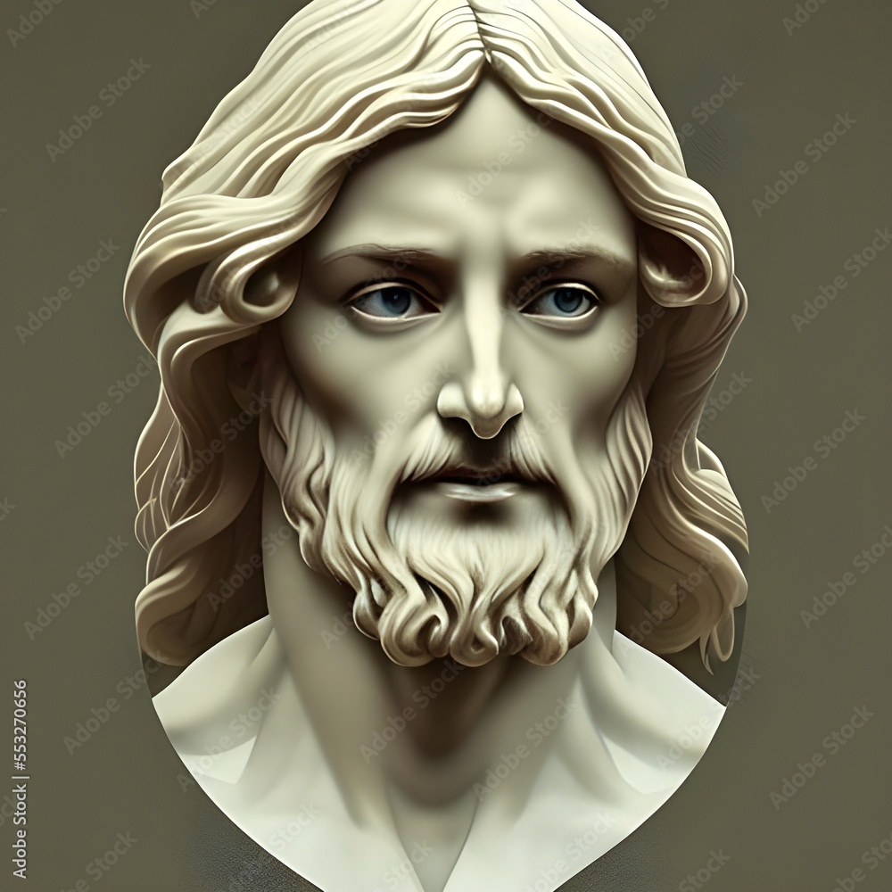 Generative AI image featuring the white marble bust of Jesus Christ, a ...