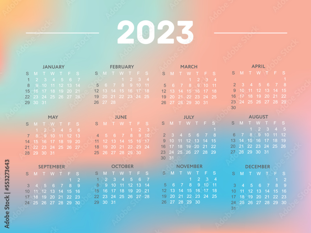 2023 Calendar year vector illustration. The week starts on Sunday ...