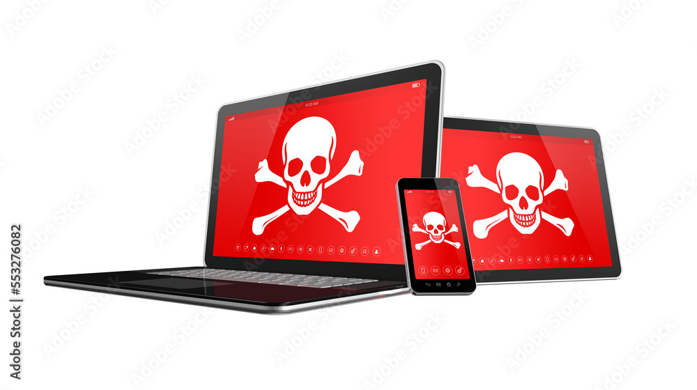 Laptop tablet pc and smartphone with pirate symbols on screen. Hacking ...