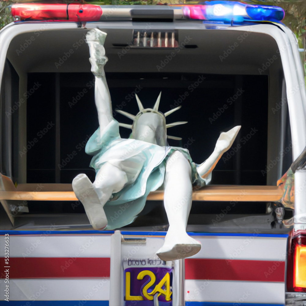 Statue of Liberty flat on her back in an ambulance. Generative AI. For ...