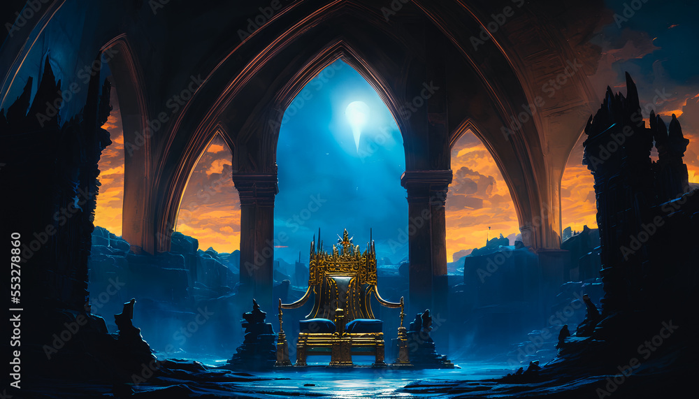 Painting of throne of the kings, royal throne in a medieval castle ...