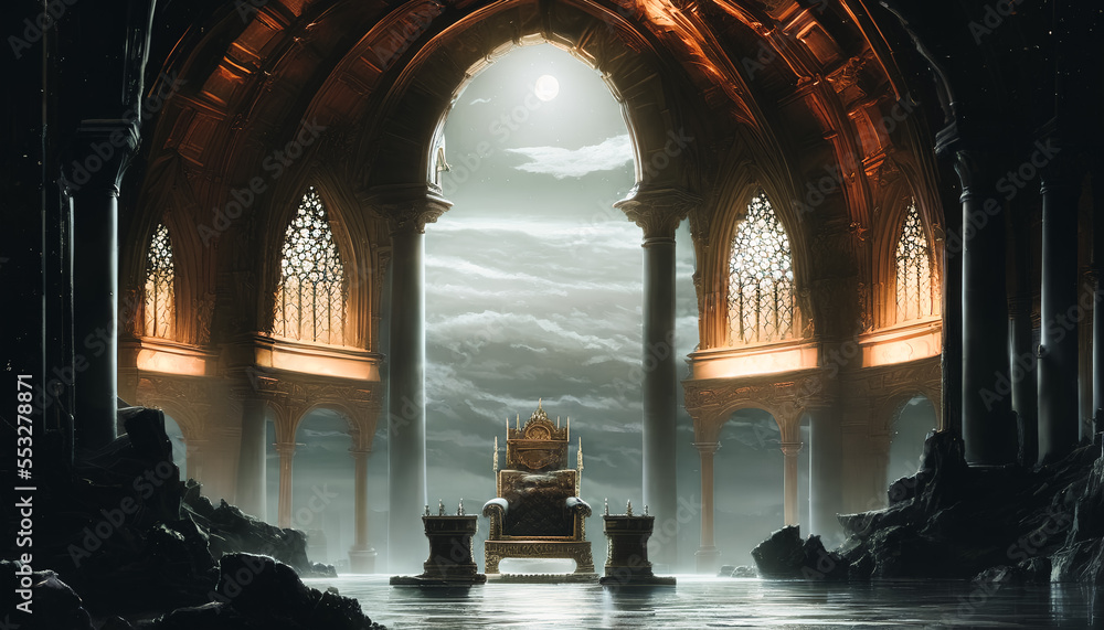 Painting of throne of the kings, royal throne in a medieval castle ...