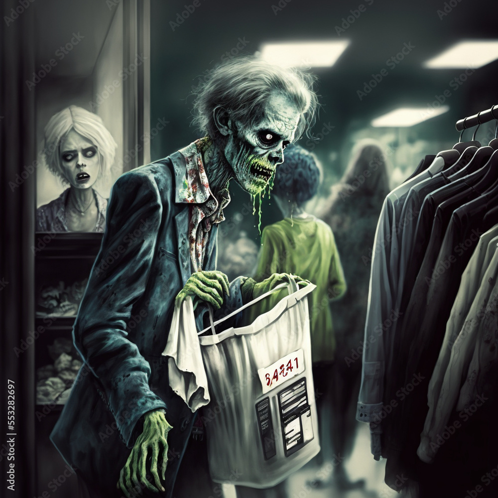zombies shopping for groceries and clothes at the supermarket and mall ...