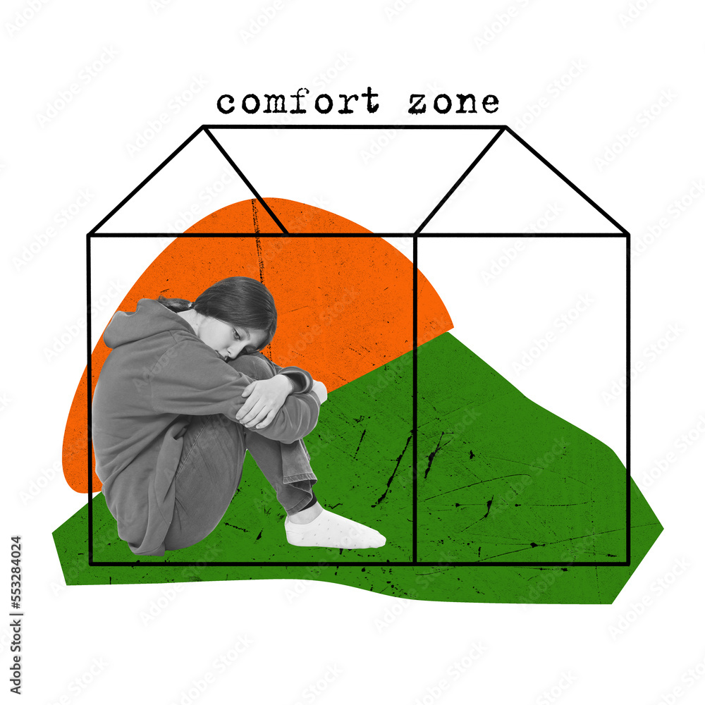 Contemporary art collage. Conceptual design. Lonely young girl sitting ...