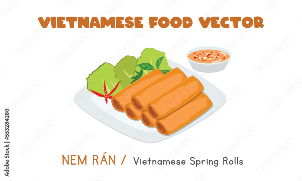 Vietnamese crispy fried spring rolls flat vector design. Nem Ran clipart cartoon style. Asian ...