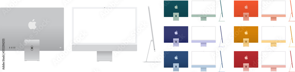 Set of realistic mockups of the new iMac 24 in 7 colors on transaprent ...