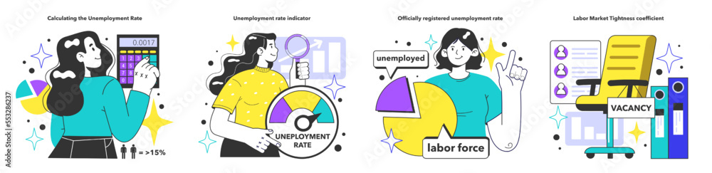 Unemployment rate calculating set. Economy theory. Social problem Stock ...