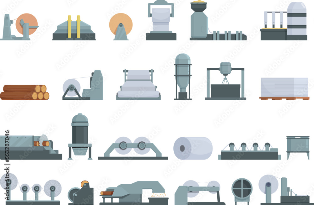 Equipment for paper production icons set cartoon vector. Roll factory ...